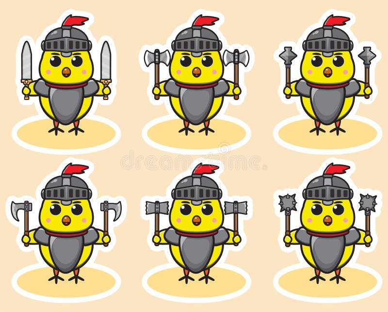 Little Chicken Knight with Dual Weapon Cartoon Set. Stock Vector ...