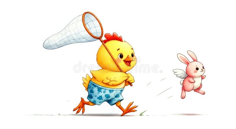 Chick Chasing Winged Bunny with Net in Whimsical Adventure Scene Stock ...