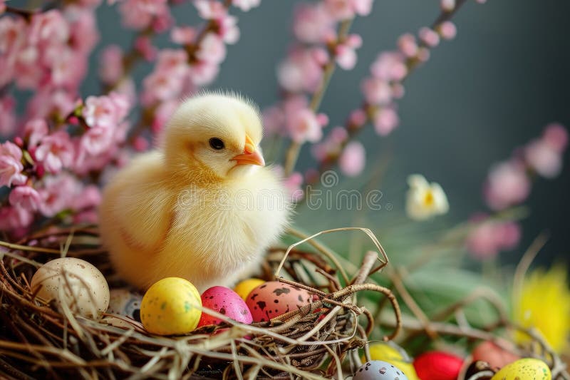 Chick with Easter Eggs among Spring Flowers. Stock Photo - Image of ...