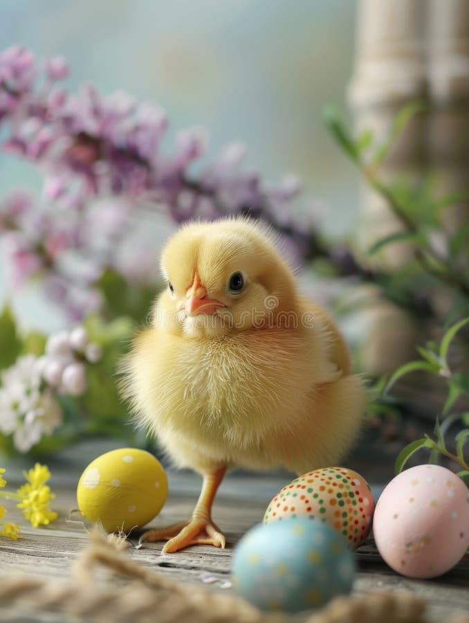 Chick and Easter Eggs in a Spring Garden. Stock Image - Image of cute, eggs: 363856175
