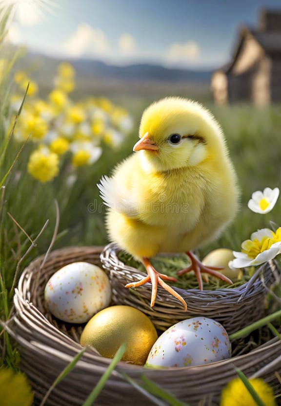 Chick on Eggs Decorated for Easter Celebration, IA Generated Stock ...