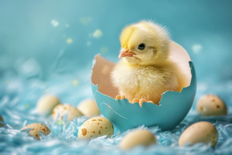 Chick in Half Eggshell, Blue Background Stock Image - Image of eggshell ...