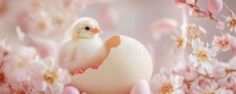 Chick Hatching from an Egg with Flowers Surrounding it in a Spring ...