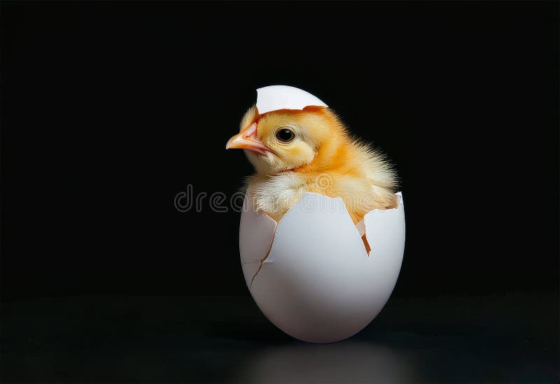Chick Inside Egg with Eggshell on Head Isolated on a Black Background ...