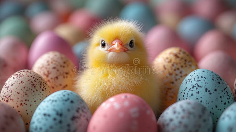 Chick Surrounded by Colorful Speckled Easter Eggs in Spring Stock Photo ...