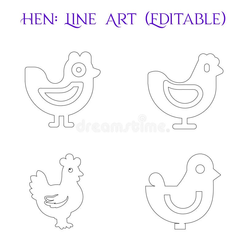 Hen Line Art Design. Four Stylized Hens in Digital Line Art. Digital ...