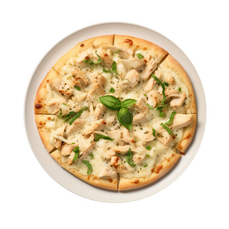 Chicken Alfredo Pizza on White Plate on White Background Directly Above ...