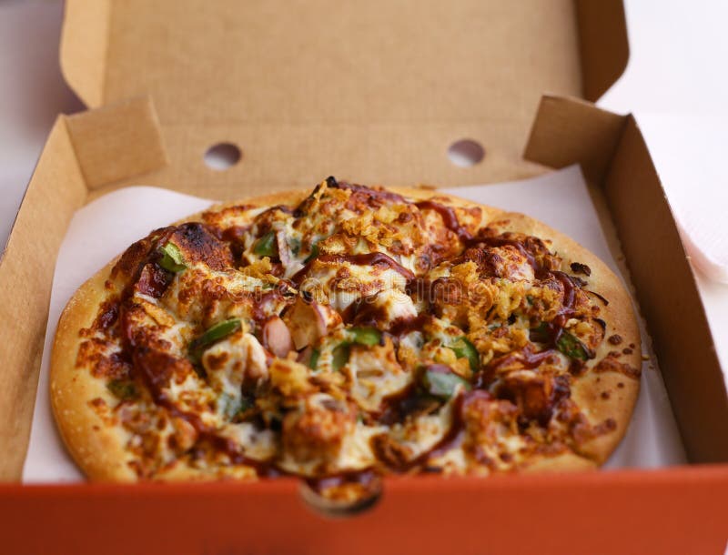 Chicken Barbeque Pizza in Box Close Stock Image - Image of overhead ...