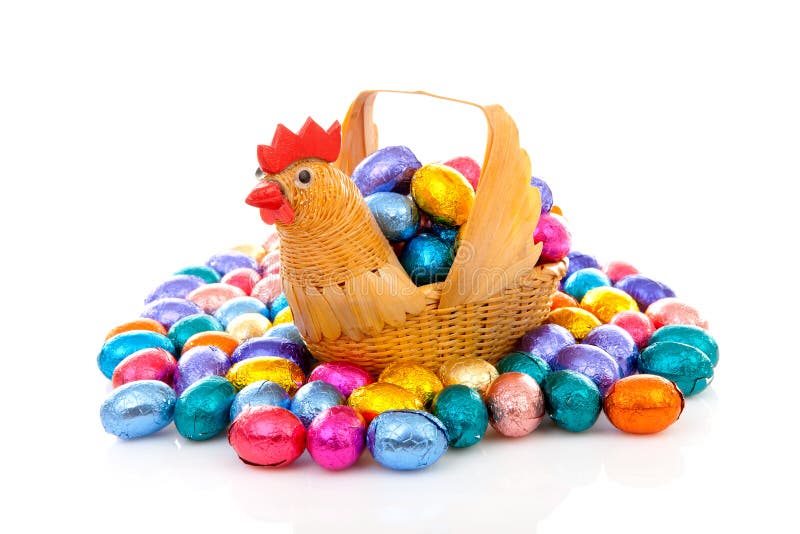 Chicken Basket with Colorful Easter Eggs Stock Image - Image of basket ...