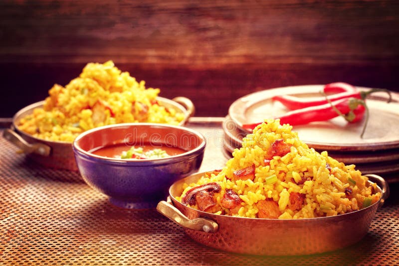 Chicken with Basmati Rice Fried in Stainless Pan Stock Photo - Image of ...