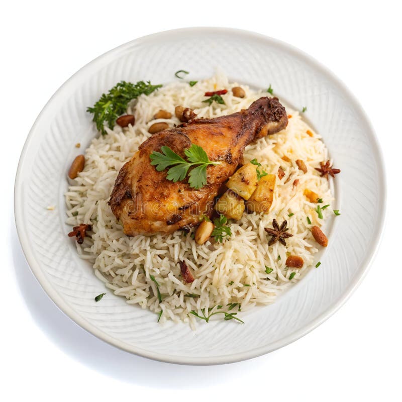 Chicken with Basmati Rice on Plate Top View Isolated on White Stock ...
