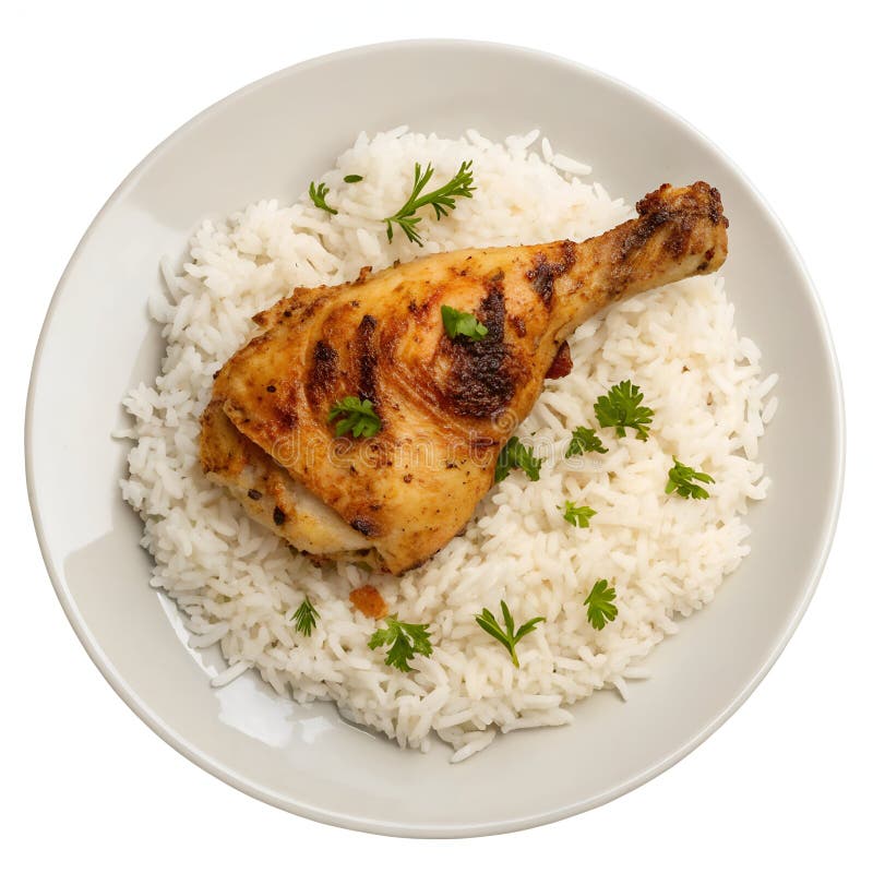 Chicken with Basmati Rice on Plate Top View Isolated on White Stock ...