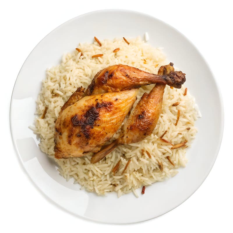 Chicken with Basmati Rice on Plate Top View Isolated on White Stock ...