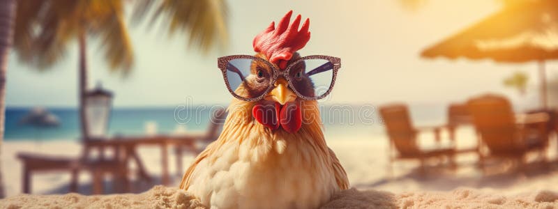 Chicken on the Beach with Glasses. Generative AI, Stock Image - Image ...