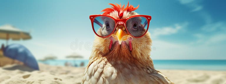 Chicken on the Beach with Glasses. Generative AI, Stock Image - Image ...