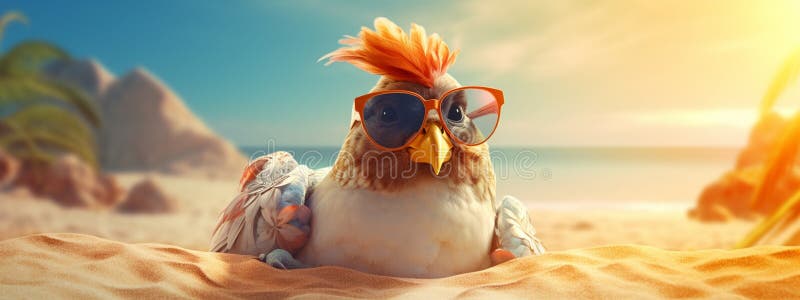 Chicken on the Beach with Glasses. Generative AI, Stock Image - Image ...