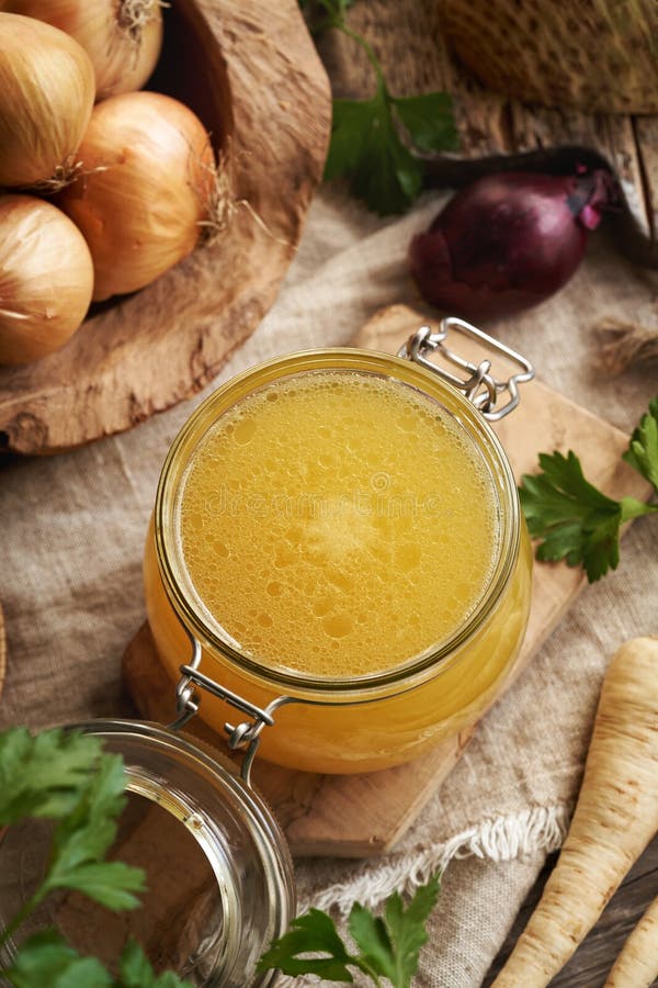 Chicken Bone Broth or Soup in a Glass Jar with Fresh Vegetables Stock ...
