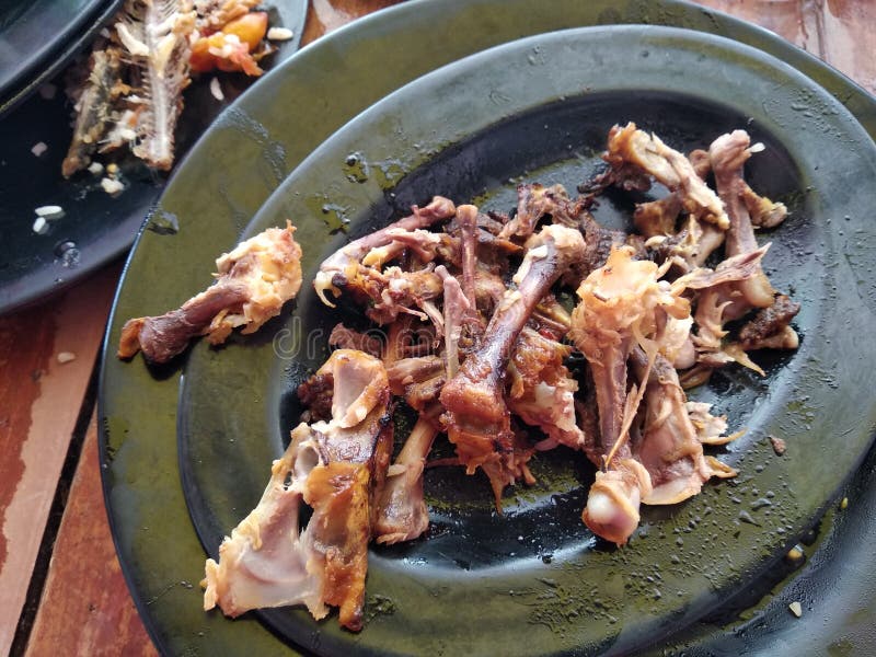 Chicken Bones on a Black Plate after Lunch Stock Photo - Image of ...