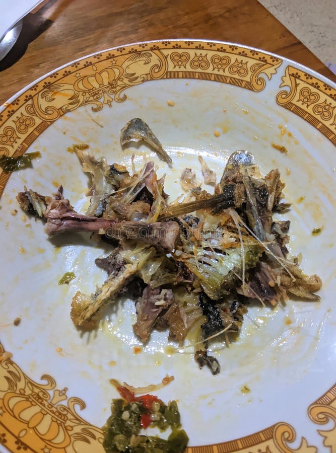 Chicken Bones and Fish Bones in One Plate after Eat Stock Image - Image ...