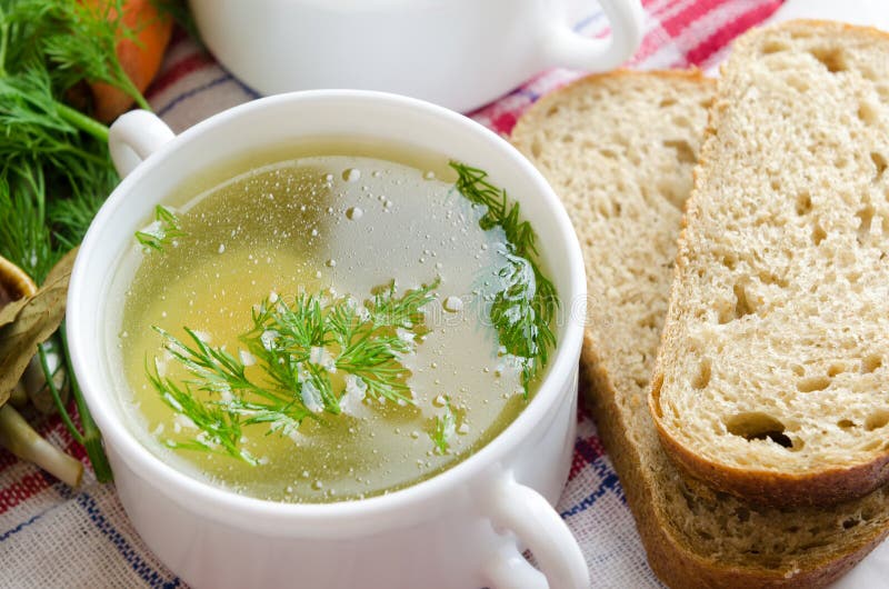 Chicken Bouillon with Fresh Bread in the White Bowl Stock Photo - Image ...