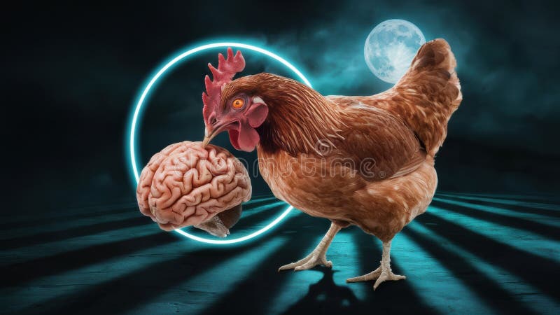 A Chicken with a Brain in Its Beak and the Moon Behind it, AI Stock ...