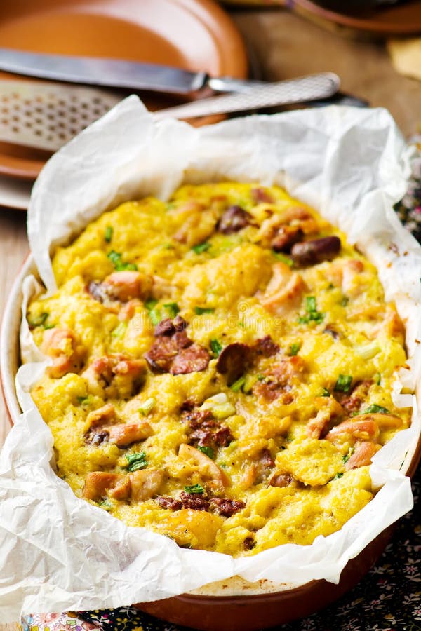 Chicken bread pudding with stock image. Image of pudding - 66679865