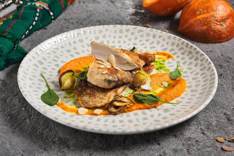 Chicken Breast with Pumpkin Puree Stock Photo - Image of dinner ...
