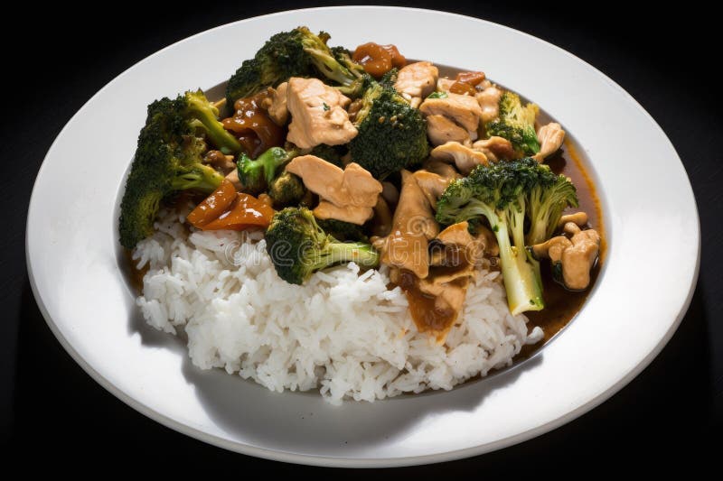 Chicken and Broccoli Over Rice, Stir Fried, Served on a White Plate ...