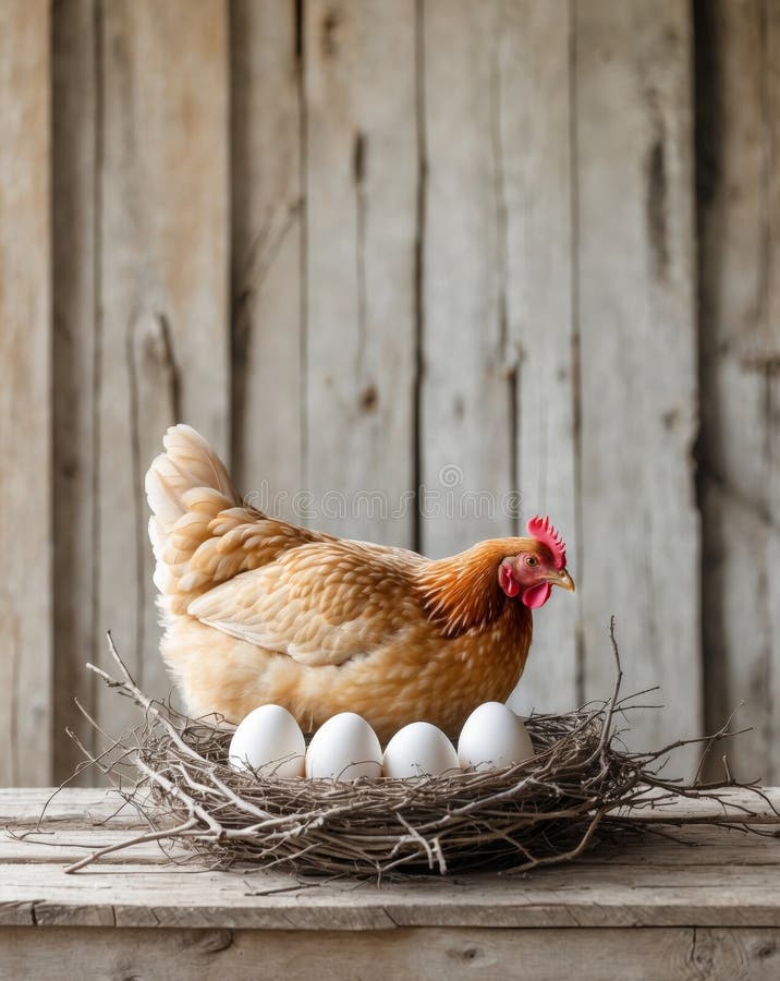 Chicken Brooding Eggs in a Nest Made of Twigs in an Old Barn Stock ...