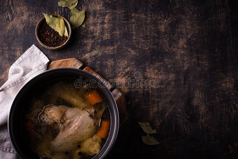 Chicken Broth Soup or Bouillon in Pan Stock Photo - Image of aspic ...
