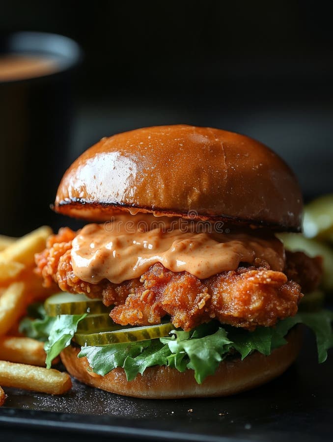 A Chicken Burger with Fries on a Dark Plate. Stock Photo - Image of ...