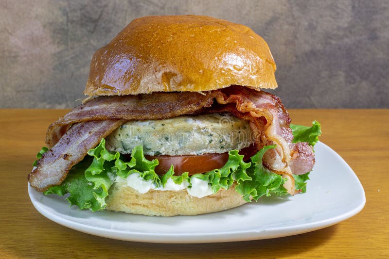 Chicken Burger Top with Hickory Bacon Stock Image - Image of meal ...