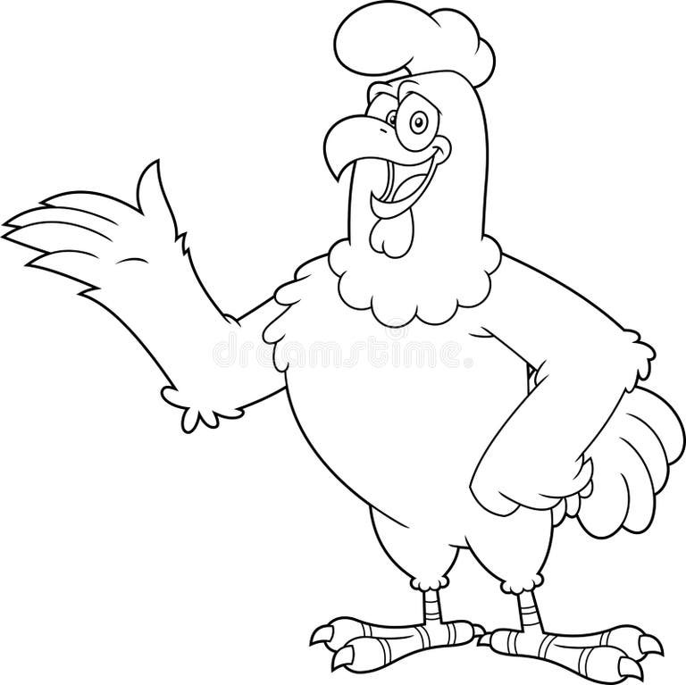 Outlined Funny Chicken Rooster Cartoon Character Waving for Greeting ...