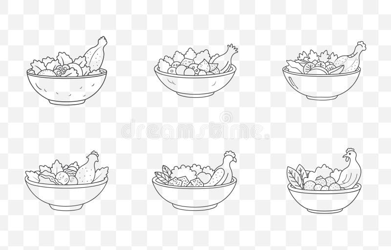 Print Chicken Caesar Salad Line Art Vector Set with Illustrations of ...