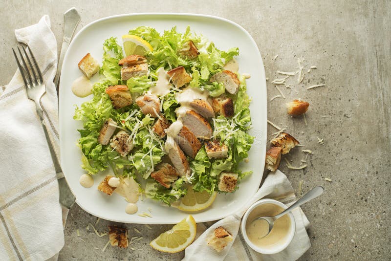 Chicken Caesar Salad with Roasted Bread Stock Photo - Image of eating ...
