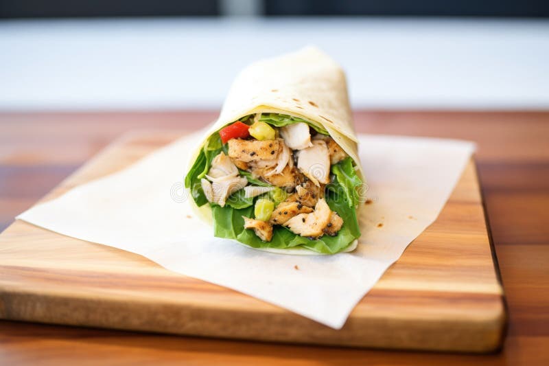 Chicken Caesar Salad Wrap in Parchment Paper on a Wooden Board Stock ...