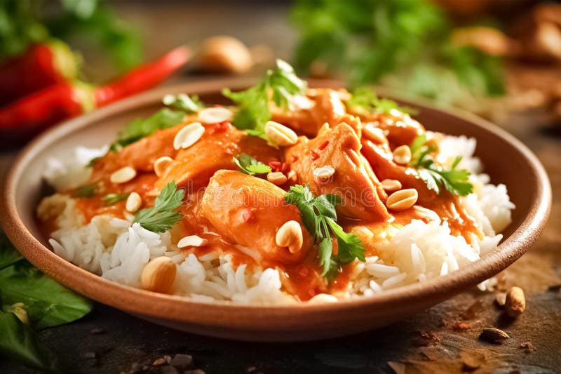 Chicken and Cashew Red Curry with Rice and Herbs. Generative Ai Stock ...