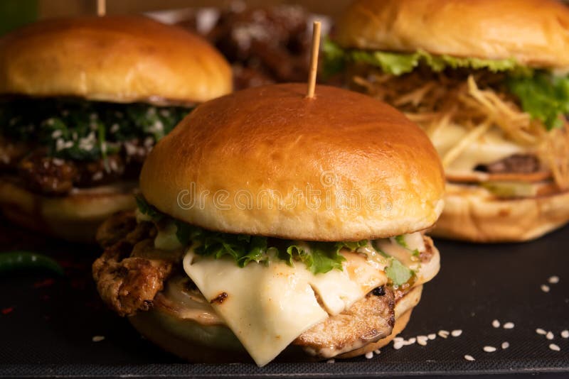 Chicken Cheese Burger Isolated on Table Closeup Side View of Fastfood ...