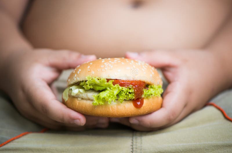 Chicken Cheese Hamburger on Obese Fat Boy Hand Stock Image - Image of ...