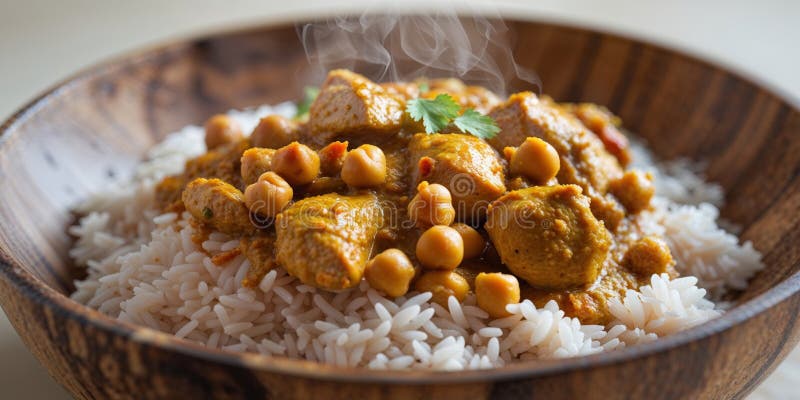 Chicken and Chickpea Curry with Brown Rice in Wooden Bowl. Stock Photo ...
