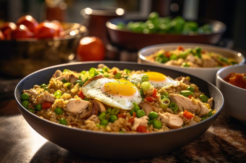 Chicken Chinook Bbq Fried Rice Bowls Full of Vegetable and Eggs Stock ...