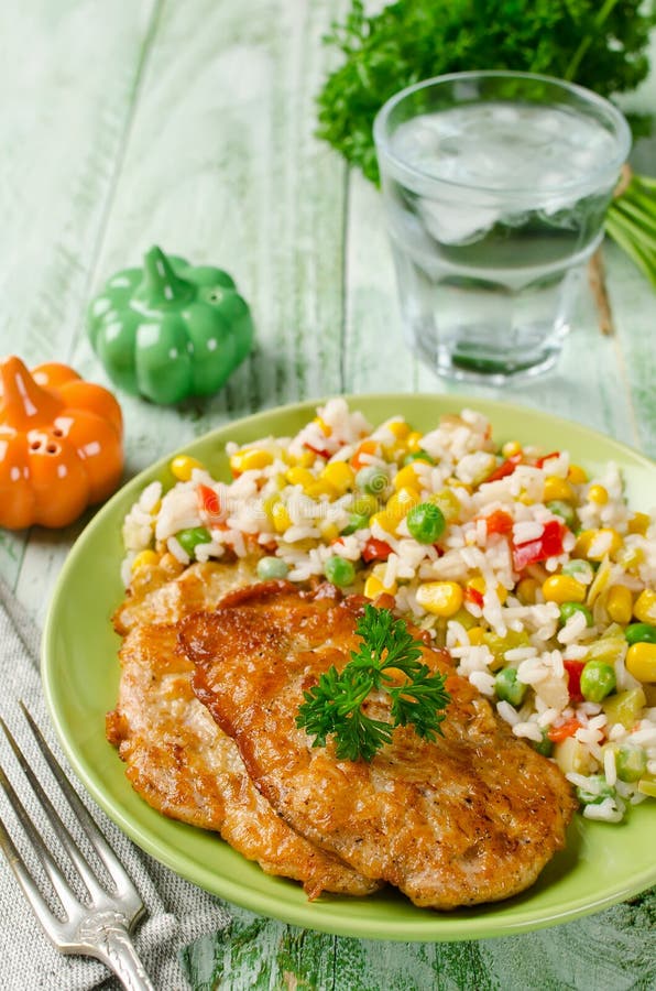 Chicken Chops with Rice and Vegetables Stock Image - Image of beef ...