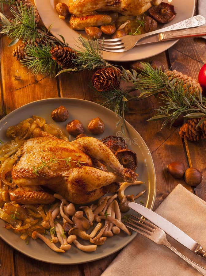 Chicken on Christmas Dinner Table Stock Image - Image of table, rustic ...