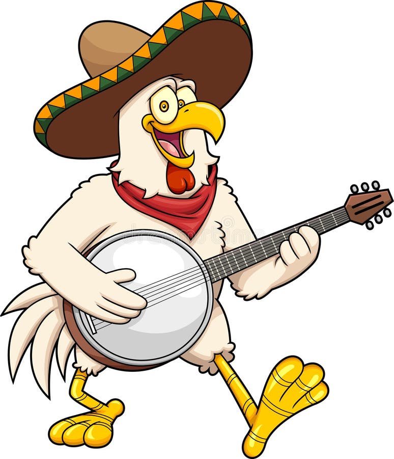 Happy Chicken Rooster Cartoon Character with Sombrero Playing the Banjo ...