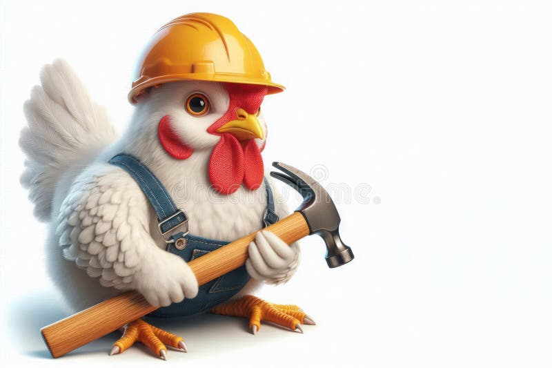 A Chicken in a Construction Helmet with a Hammer. Space for Text. Stock ...