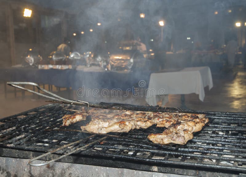 Chicken Cooking on a Large Barbecue at Night Stock Image - Image of ...