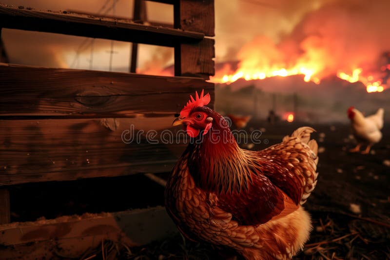 Chicken in Coop, Glow of Wildfire Overhead Stock Image - Image of ...