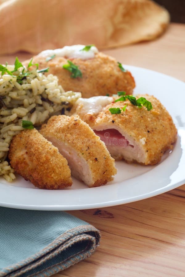 Chicken Cordon Bleu Rice stock photo. Image of breaded - 145581192