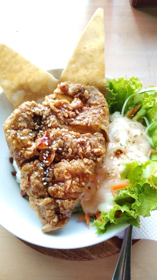 Chicken Crispy Rice Bowl with Salad Stock Photo - Image of chicken ...