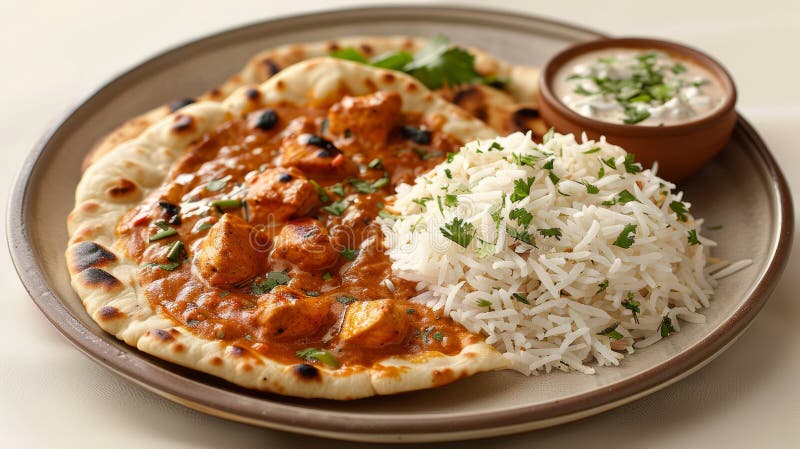 Chicken Curry with Basmati Rice and Naan Bread on a Plate. Stock Photo ...